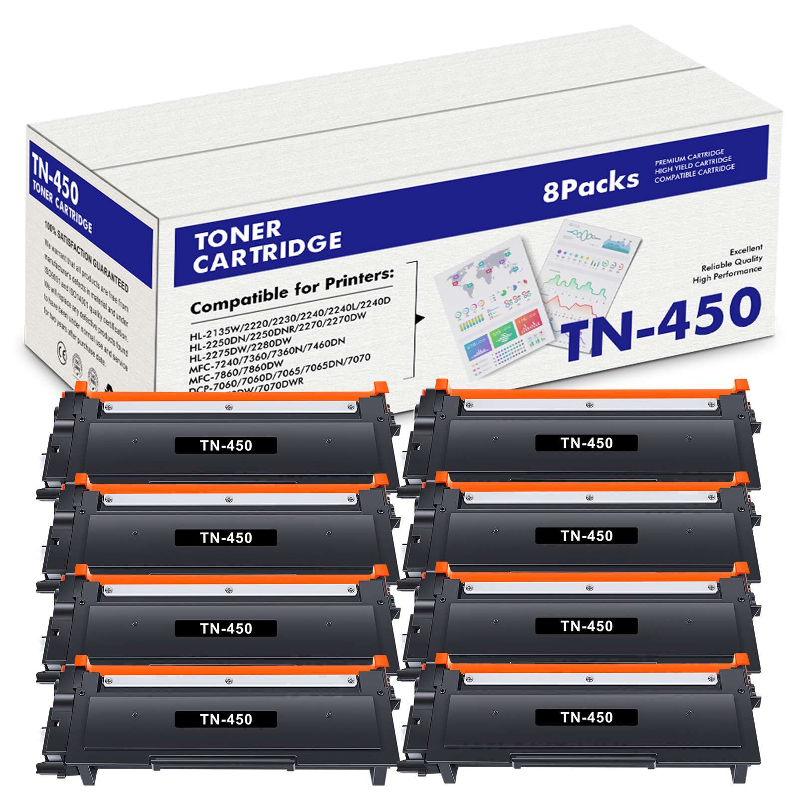 8x TN450 Toner Compatible with Brother HL-2130 HL-2135W HL-2132 HL-2210 ...