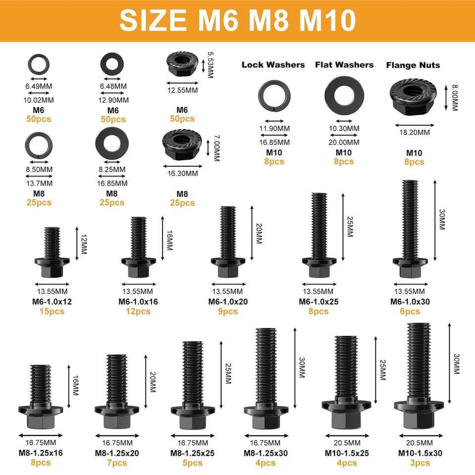 VIGRUE 330Pcs M6 M8 M10 Flange Bolt Assortment, Black Metric M10, | eBay UK