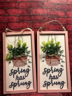 Hanging Decor Wooden Spring Has Sprung Sign Pink Frame 3D Plant Hung By ...