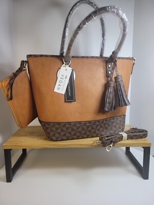 Tan Light Brown Large Tote Bag + Wallet Vegan Leather Everyday Handbag ...