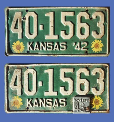 1942 1943 KANSAS PAIR PASSENGER LICENSE PLATE PLATES " 40 1563 ...