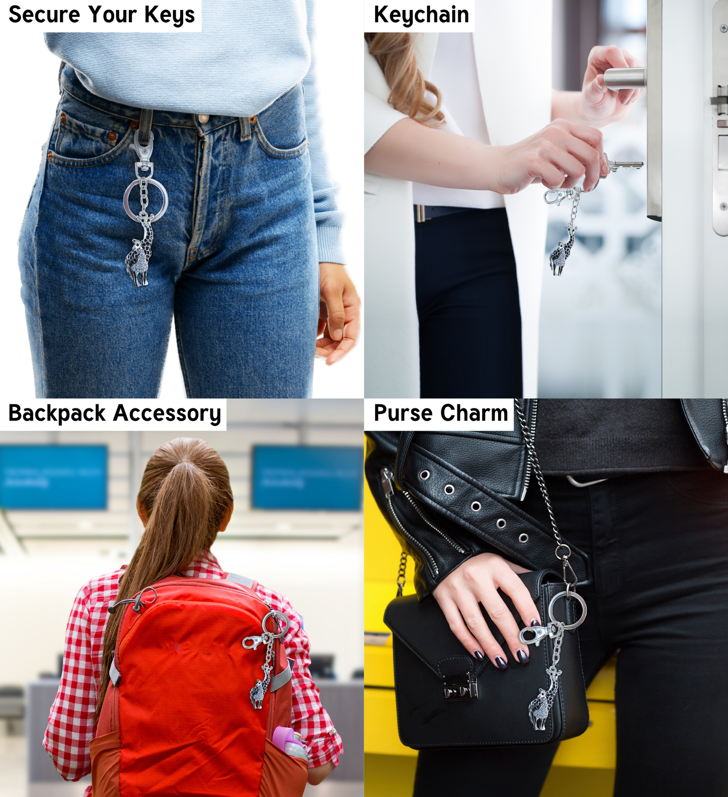 Aqua79 Giraffe Keychain - Silver 3D Sparkling Charm Rhinestones Alloy ...