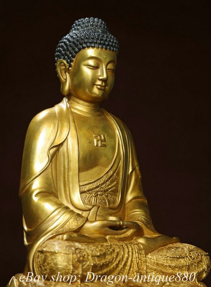 16" Old Chinese Buddhism Copper Gilt Shakyamuni Amitabha Buddha ...