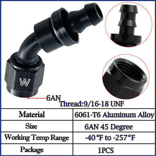 Aluminum 6 AN 45° Push-On Hose End fittings Push Lock 45 degree -6 AN ...