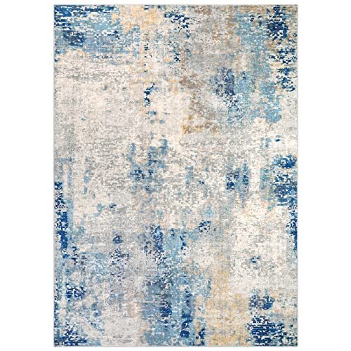 Modern Abstract 5x7 Blue Machine Washable Area Rug, Soft 5' x 7' Blue ...