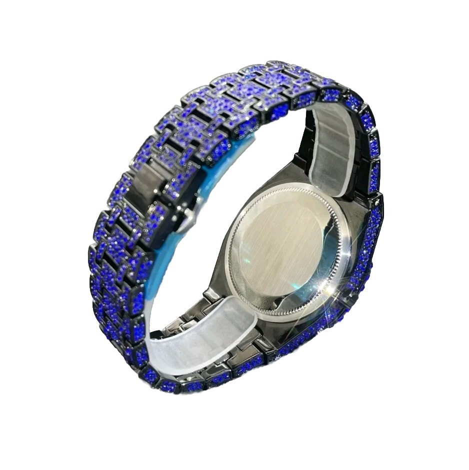 Mens Bold Electric Blue Shiny Fully Covered (CZ) Quartz Movement Wrist ...