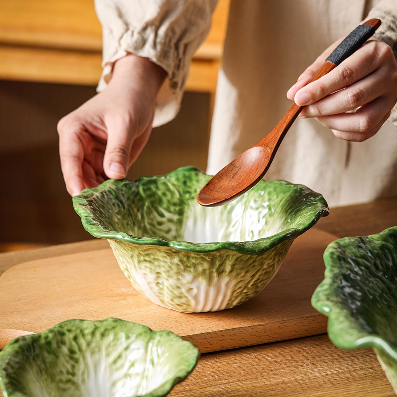 Green Cabbage Serving Bowl Set of 3 for Kitchen - Extra Large 60oz 16oz ...