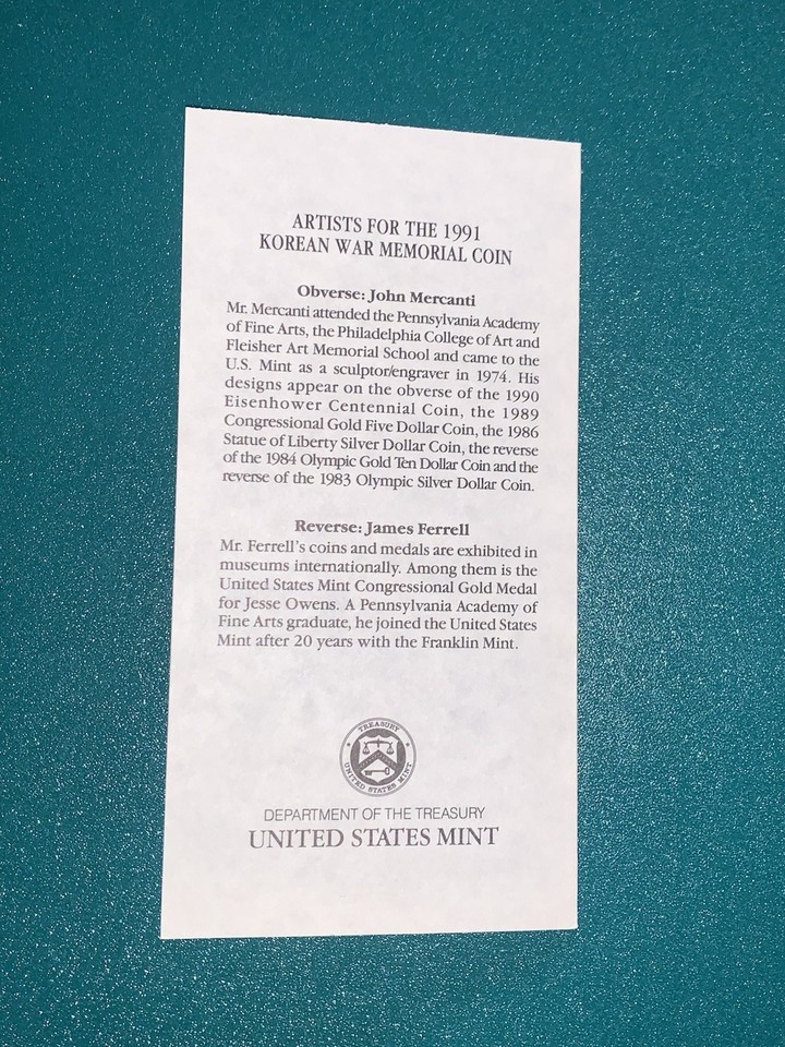 1991 US MINT KOREAN War Memorial Commemorative Proof 90% SILVER DOLLAR ...