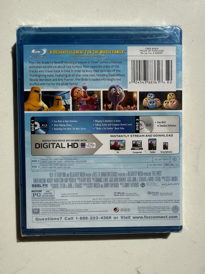 FREE BIRDS Animated 2-Disc Blu-ray + DVD + Digital UV Movie Owen Wilson ...