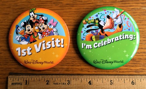 2 DISNEY PIN-BACK BUTTONS, Official NEW, 1st VISIT, & I'M CELEBRATING ...
