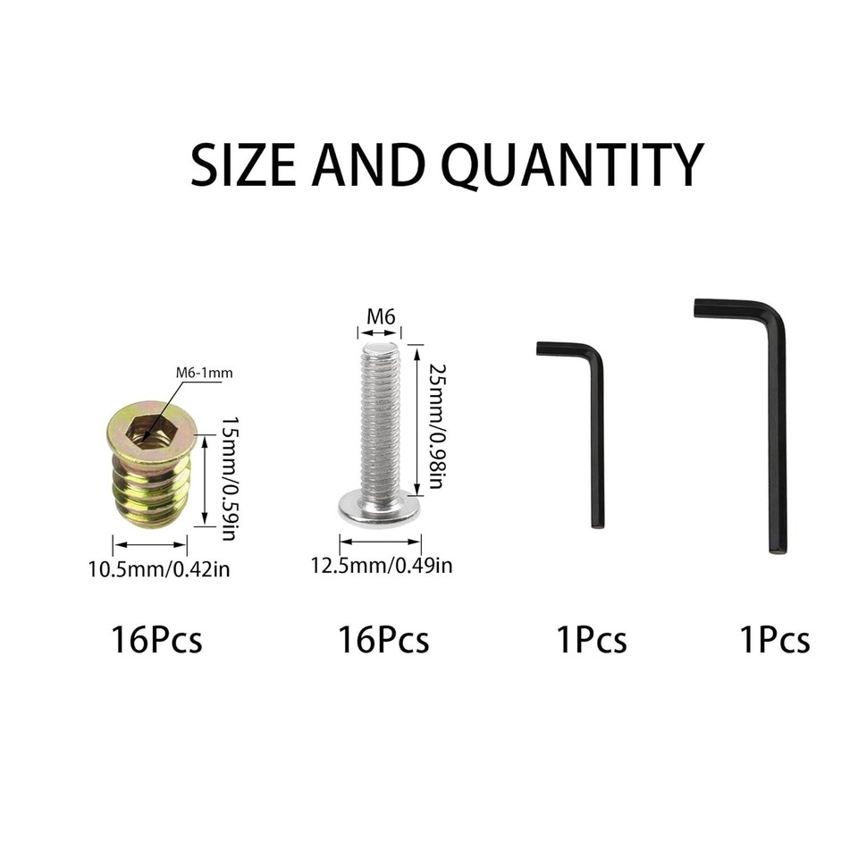 16 Sets M6x25 Furniture Screw Nut Threaded Wood Inserts Bolt Fastener ...