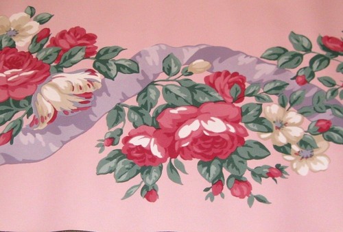 Wallpaper Border Purple Ribbon Red Cabbage Roses PINK 558102 Cottage ...
