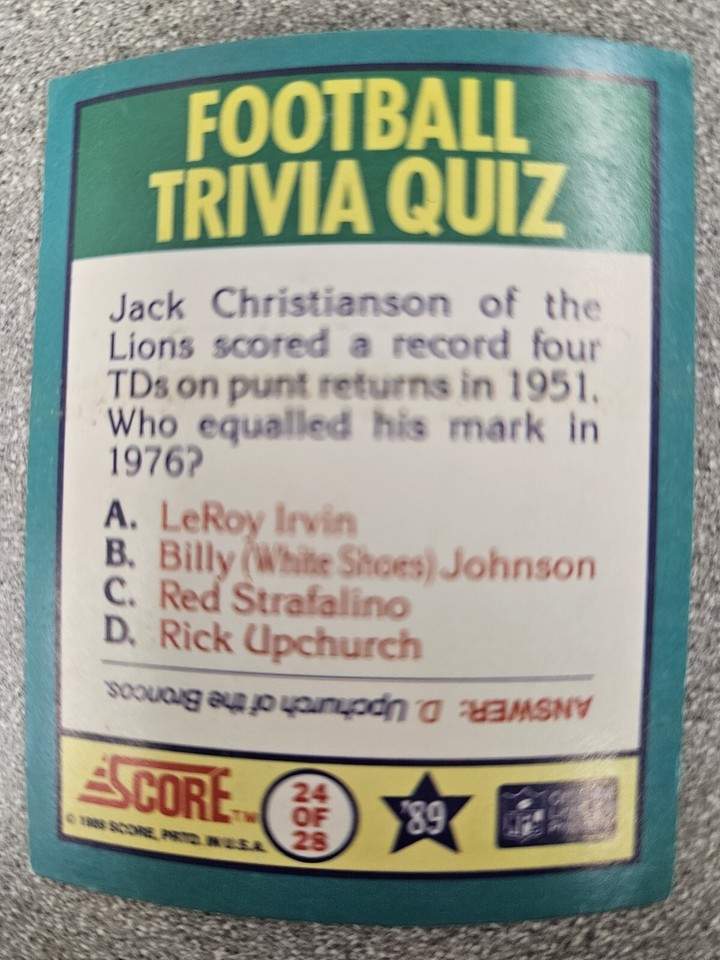 1989 Score Football Trivia Quiz Inserts Denver Broncos #24 small | eBay