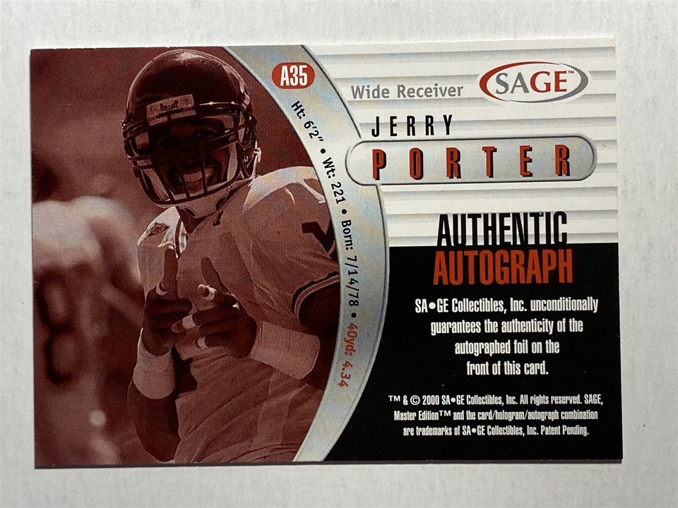 JERRY PORTER raiders 2000 Sage #A35 AUTO Autograph RC 358/999 (U1) | eBay