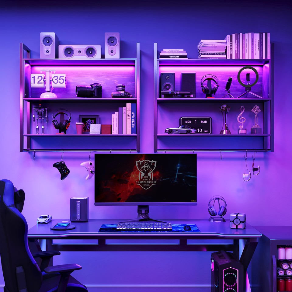 Gaming Floating Shelves with LED Light Wall Mount Display Shelf for ...