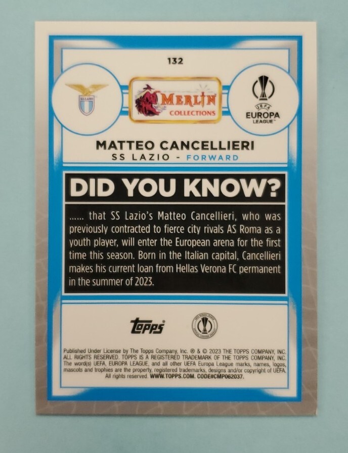 2022/23 Topps Merlin Matteo Cancellieri Atomic Refractor Rookie #132 ...