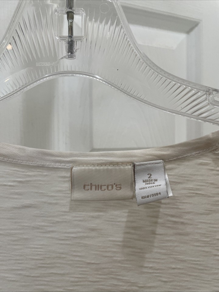 Chicos Size 2 Pull Over Pretty Shades Blue beige Round Neck Short ...