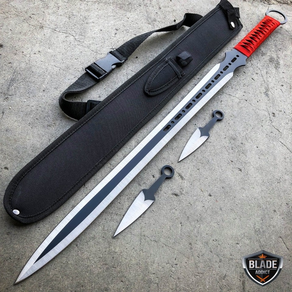 27" Ninja Sword Tactical Fixed BLADE Machete w/ 2 Throwing Knife ...