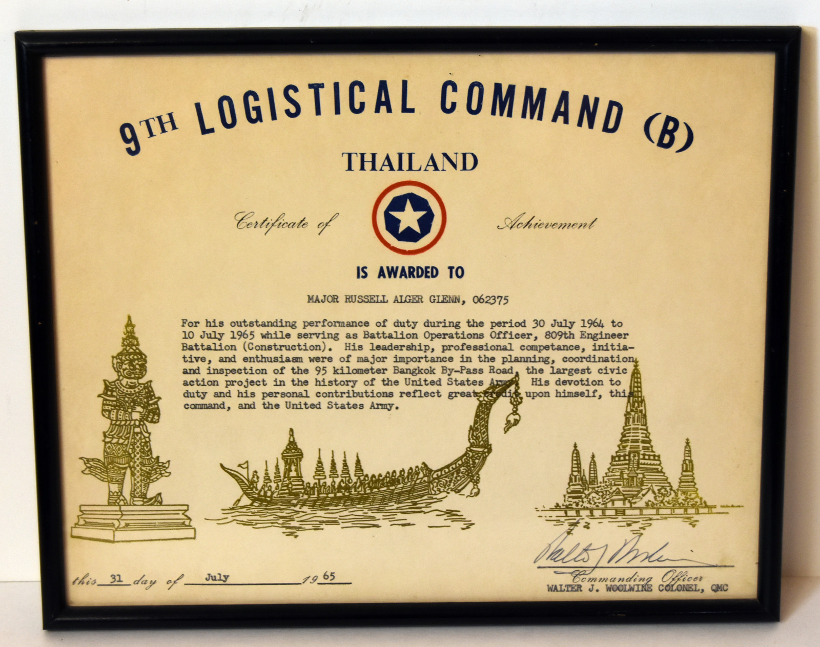 1965 Certificate of Achievement 9th Logistical Command Thailand US Army ...