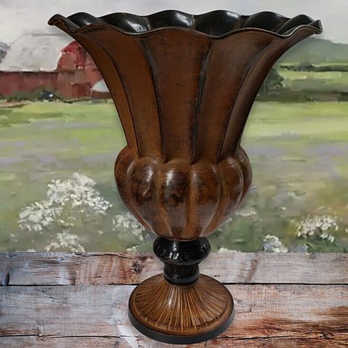 Vintage Metal Pedestal Vase Flared Scalloped Rim With Copper Tone Wash ...