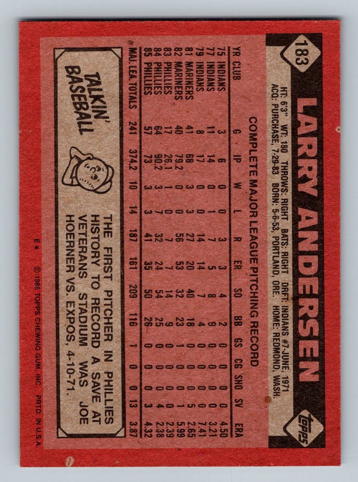 1986 Topps #183 Larry Andersen Philadelphia Phillies | eBay