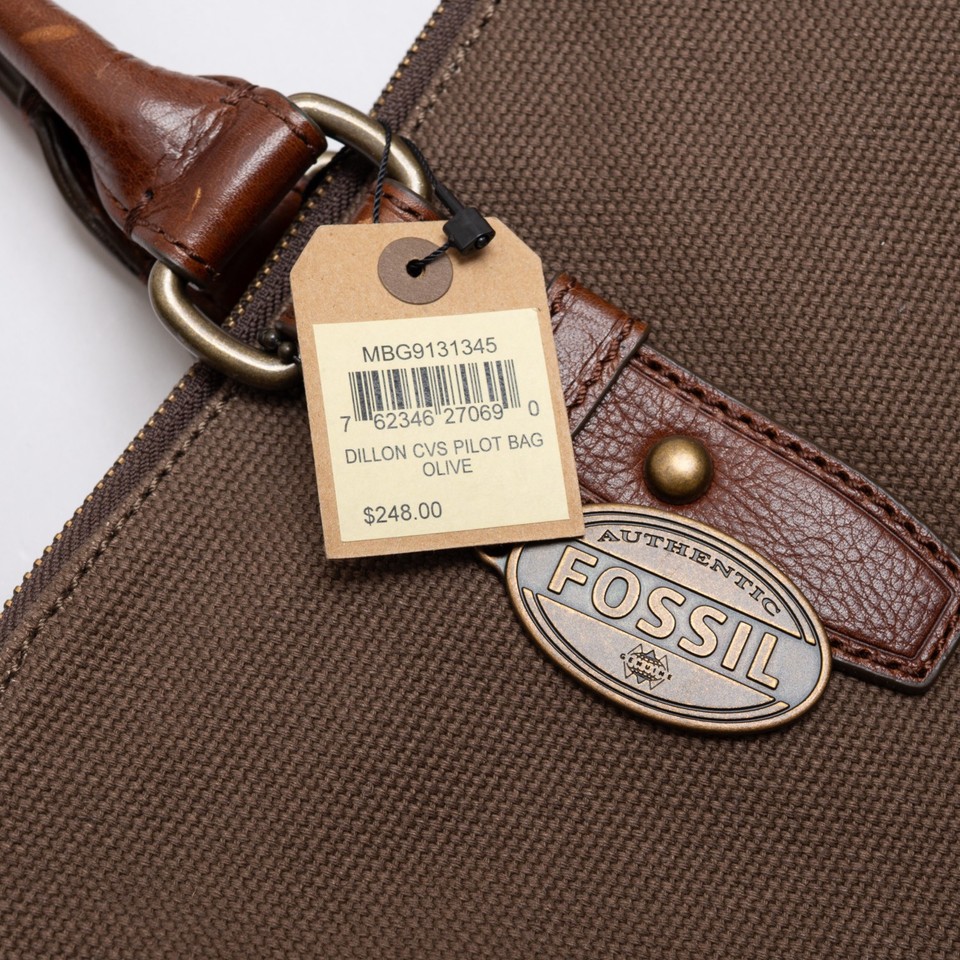 Fossil Dillon Canvas Messenger Pilot Bag Brown Leather Trim Briefcase ...