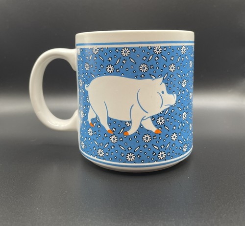VTG JSNY Pig Hog Calico Farm Country Blue w/ White Flowers Coffee Tea ...