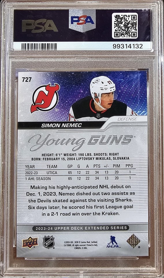 2023-24 UD Young Guns Outburst Simon Nemec PSA 10, Gem Mint, Rookie ...