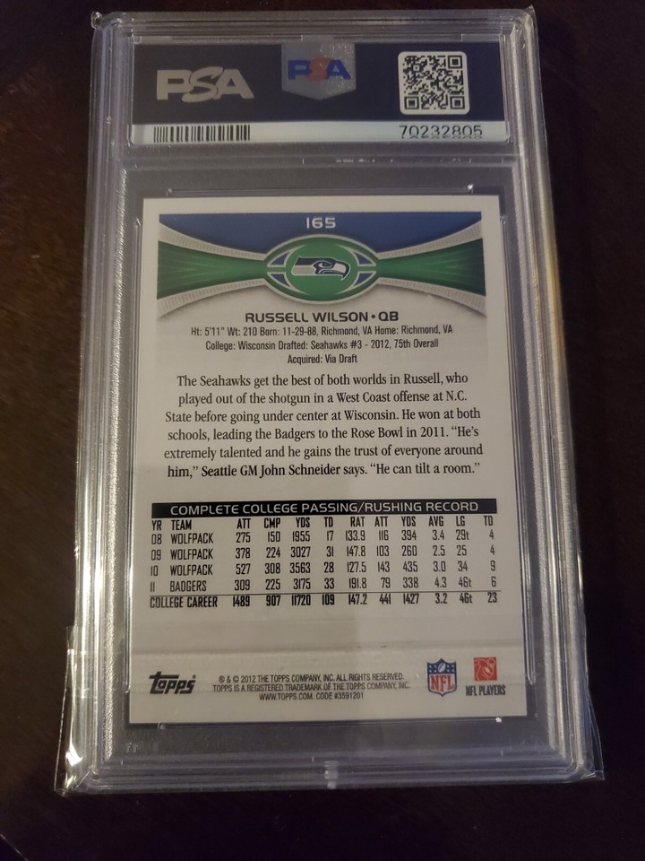 2012 Topps Russell Wilson Stands Visble Rookie RC SP #165 PSA 9 Mint ...