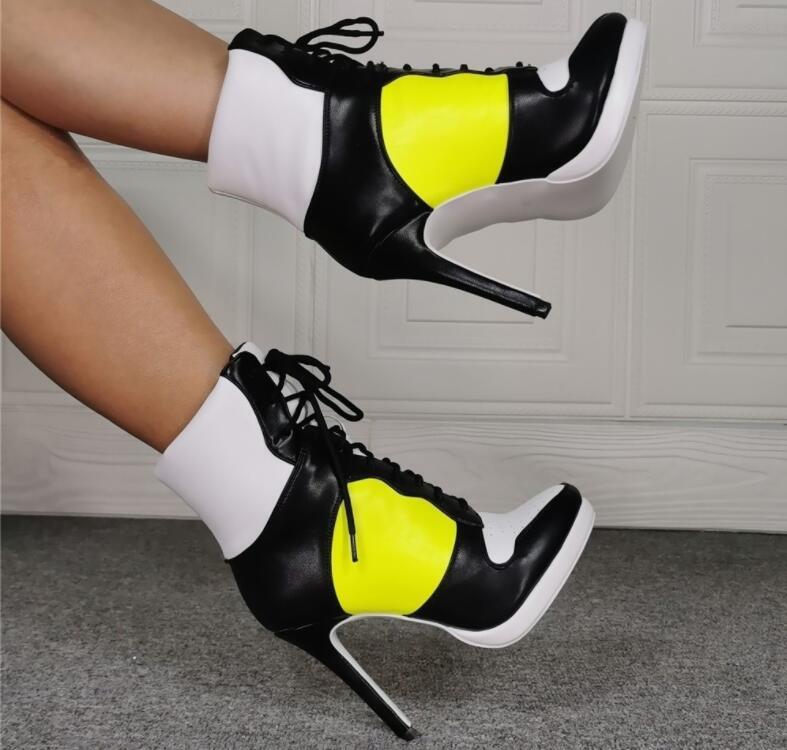 Womens Fashion Round Toe Lace Up Color Matching Ankle Boots Party High ...