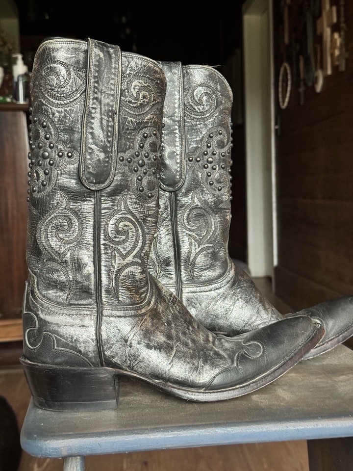RARE Vintage Luccese “Diva” Agata Silver/Black Leather Cowboy Boots | eBay