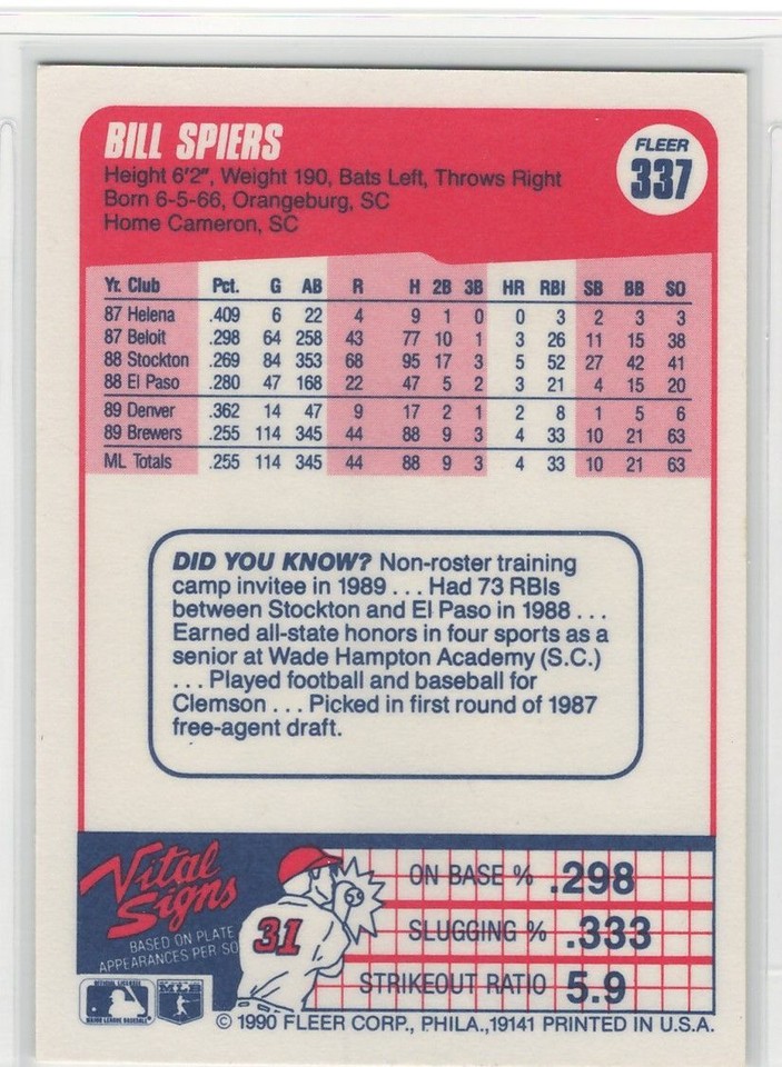 1990 Fleer Baseball #337 Bill Spiers Rookie Card RC Brewers | eBay