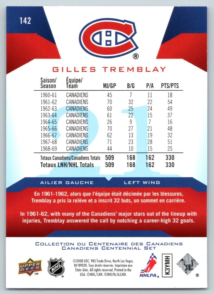 GILLES TREMBLAY 2008-09 UPPER DECK MONTREAL CANADIENS CENTENNIAL NO 142 ...