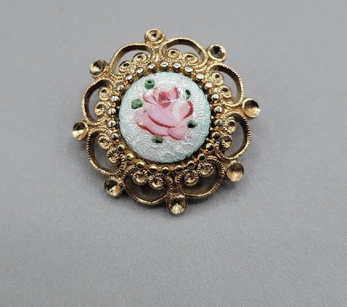 Coro Brooch Painted Pink Rose Pin Gold Tone Frame Small Lacy White Back ...