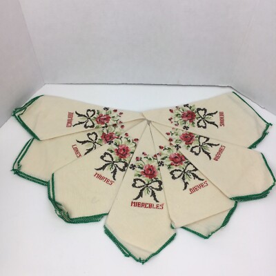 7 Spanish Days of the Week Embroidered Cross Stitch Napkins Cream Green ...