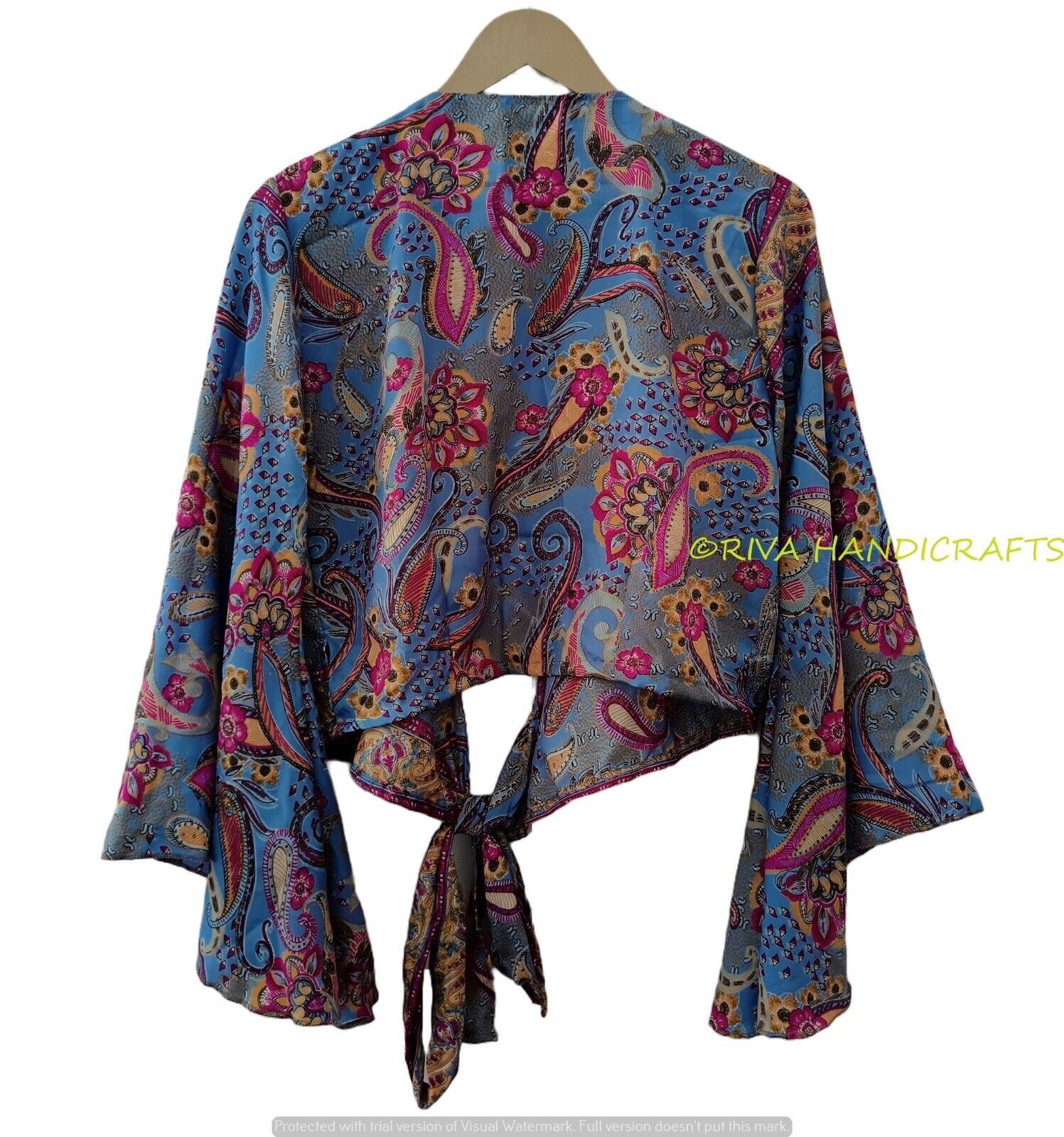 Indio Vintage Seda Sari Handmande Azul 60's Retro Verano Campana Manga ...