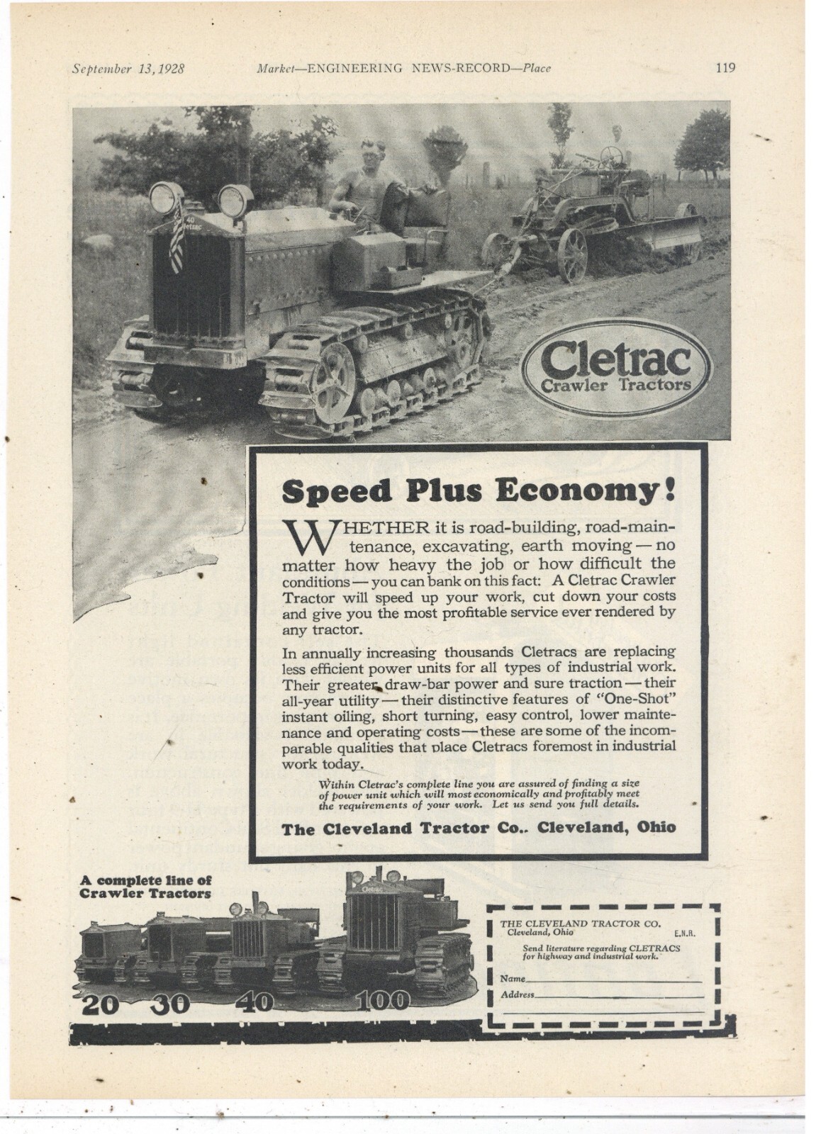 1928 CLETRAC Cleveland Tractor Co. Ad: Model 40 Pulling Road Grader | eBay