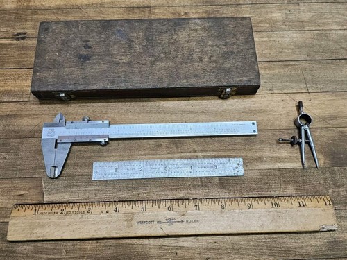 VINTAGE Machinist Tools ETALON VERNIER CALIPER & STARRETT DIVIDER/RULER ...