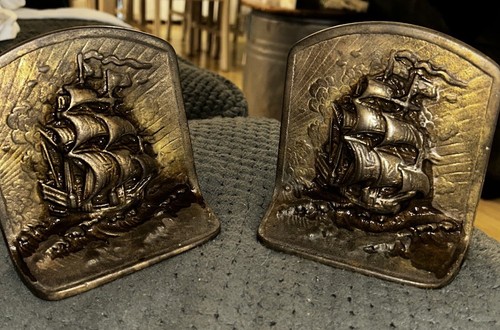 Vintage bookends Solid bronze " Bron Met " War Ship Sail Boat. Estate ...