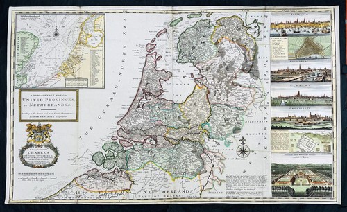 1720 Herman Moll Large Antique Map of The Netherlands - 7 x Town Plans ...