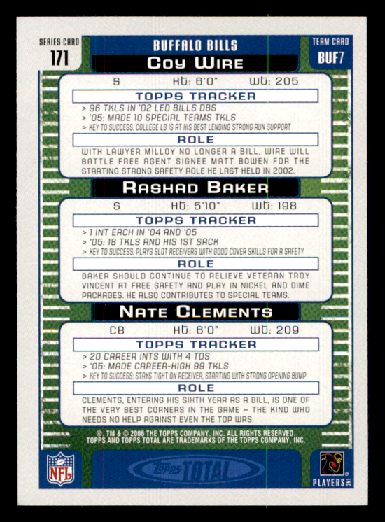2006 Topps Total Rashad Baker / Nate Clements / Coy Wire #171 Bills | eBay