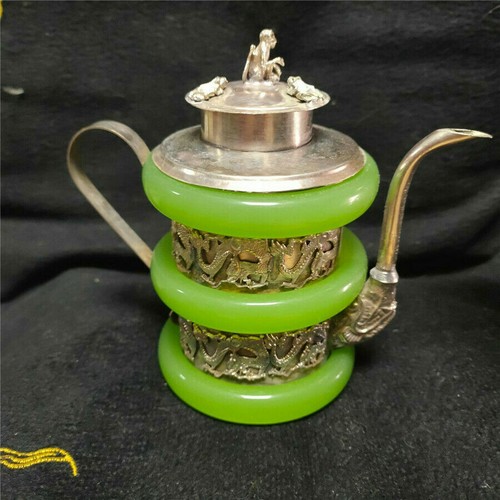 Chinese Armor Jade old Tibet silver hand carved Dragon monkey Lid ...