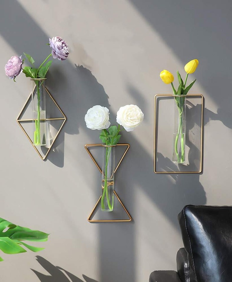 Nordic Wall Vase Hanging Geometric Gold Flower Vase Wall Mount Metal ...