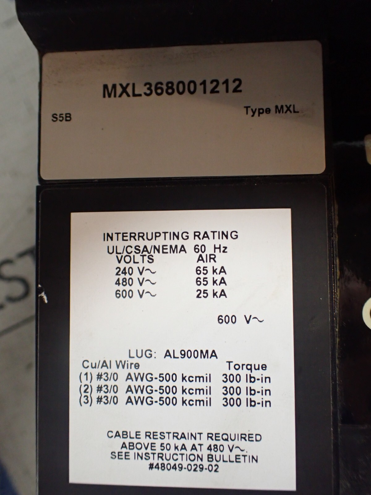 SQUARE D MXL36800 MXL368001212 800 amp ARP100 Micrologic LSI Lugs ...