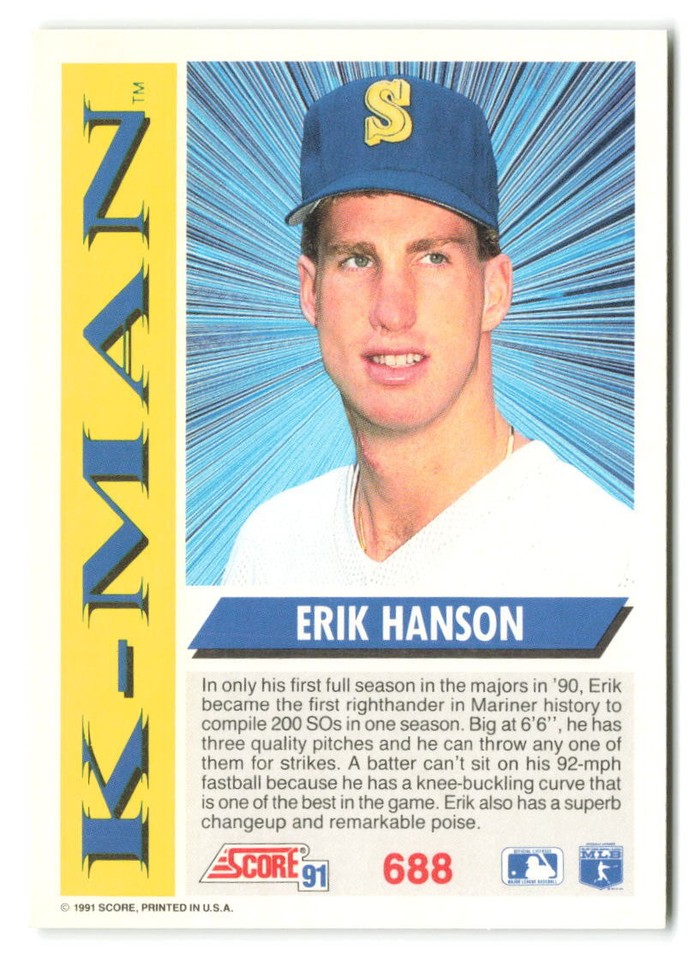 1991 Score Erik Hanson #688 Seattle Mariners BASEBALL Card | eBay