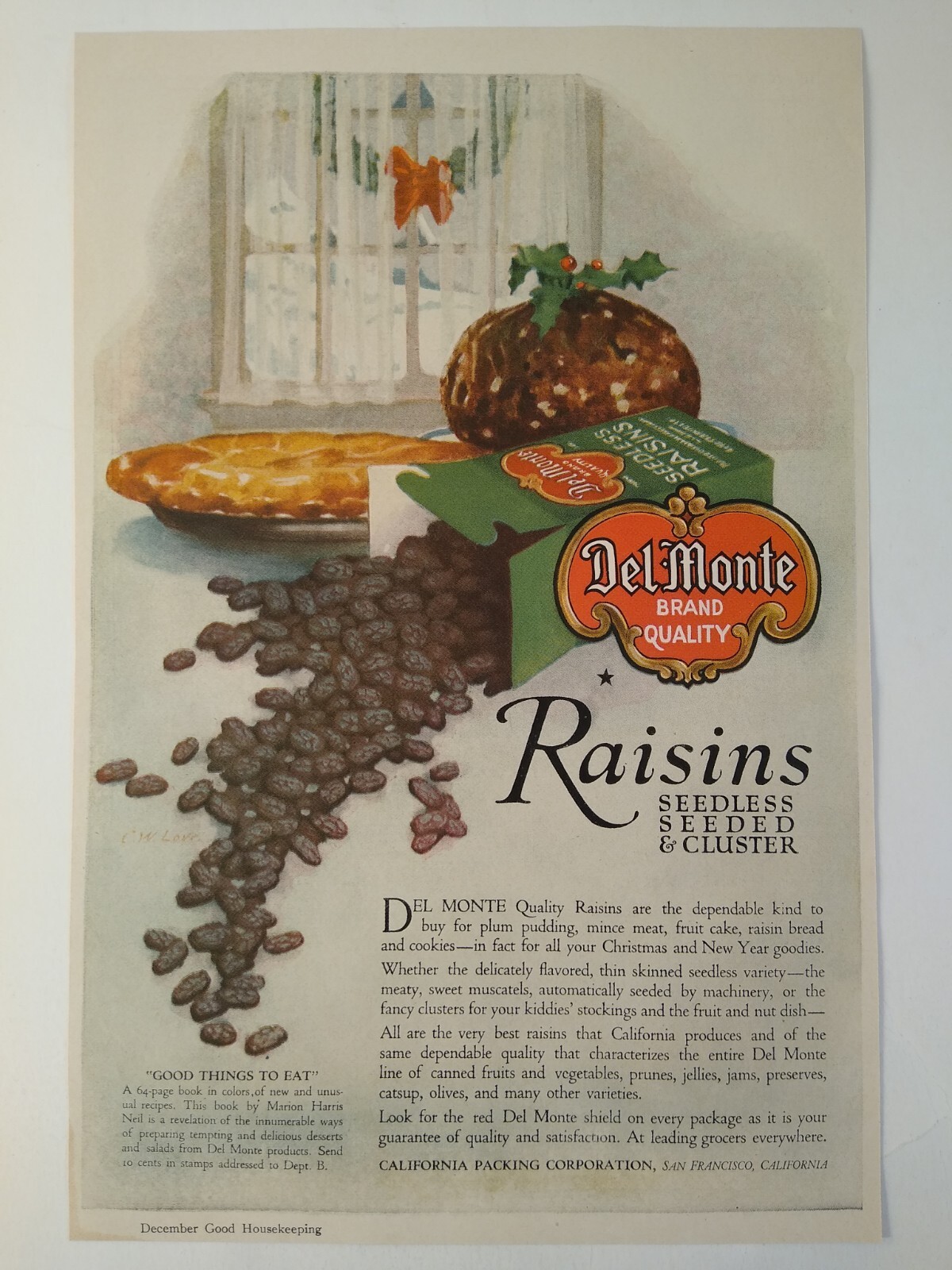 Vintage 1917 Del Monte Raisins Christmas / Skookum Apple Desserts Print ...