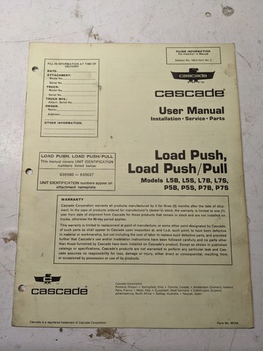 CASCADE USER SERVICE MANUAL PARTS LIST L5B L5S P5B P5S L/P7S/B LOAD ...
