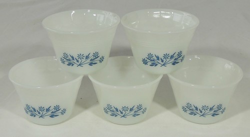 5 Dynaware Pyr-O-Rey Milk Glass Blue Cornflower Daisy Custard Cups EUC | eBay