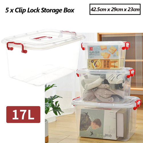 5 x 17L Large Plastic Storage Box Home Office Containers Clip Lock ...