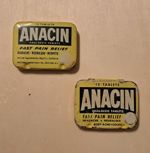 2 Vintage ANACIN Aspirin Metal Pocket 12 Pill Tins 1 w/ Lot-Date Code ...